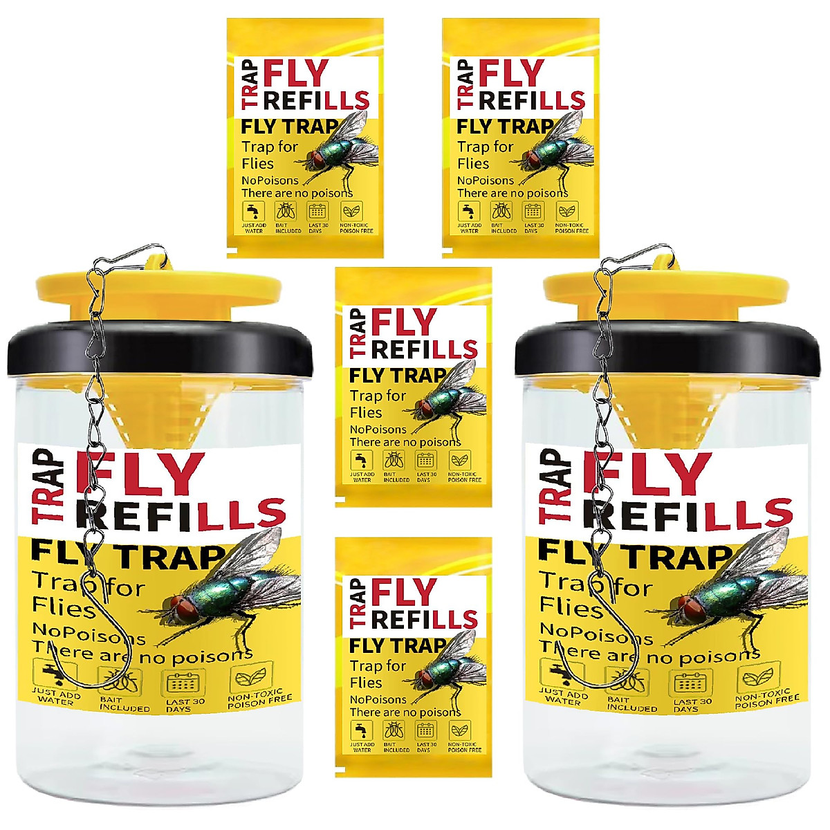 Reusable Outdoor Hanging Fly Trap Bottles (2 Bottles) with 4 Natural Bait Refill | Hanging Anywhere for Backyard, Patio, Garbage Cans, Farms, Barns and More | Fly Catcher | Fly Bait