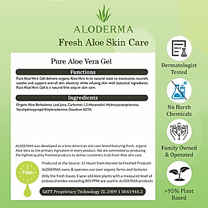 Aloderma 99% Organic Aloe Vera Gel Made within 12 Hours of Harvest - Lightweight, Non-Sticky Aloe Gel for Face Body, Hair, & Scalp, After Sun Relief, Natural, Soothing Hydrating Aloe Gel, 10.6oz