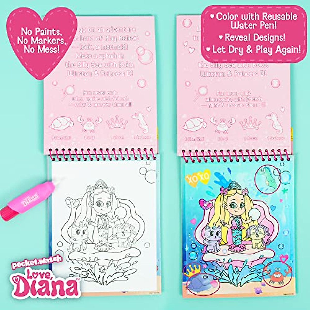 Horizon Group USA Love, Diana Water Reveal Pad, Love Diana Art Set, Less Mess Watercolor Kit, Includes 8 Page Activity Book, Refillable Water Pen, Water Reveal Activities & More, Great for Kids 3+