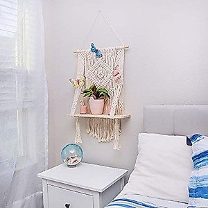 Qmercan Macrame Wall Hanging Shelf - Boho Indoor Hanging Shelves for Wall - Decorative Bohemian Floating Plants Organizer, Handmade Macrame Wooden Rope Woven Shelf for Indoor
