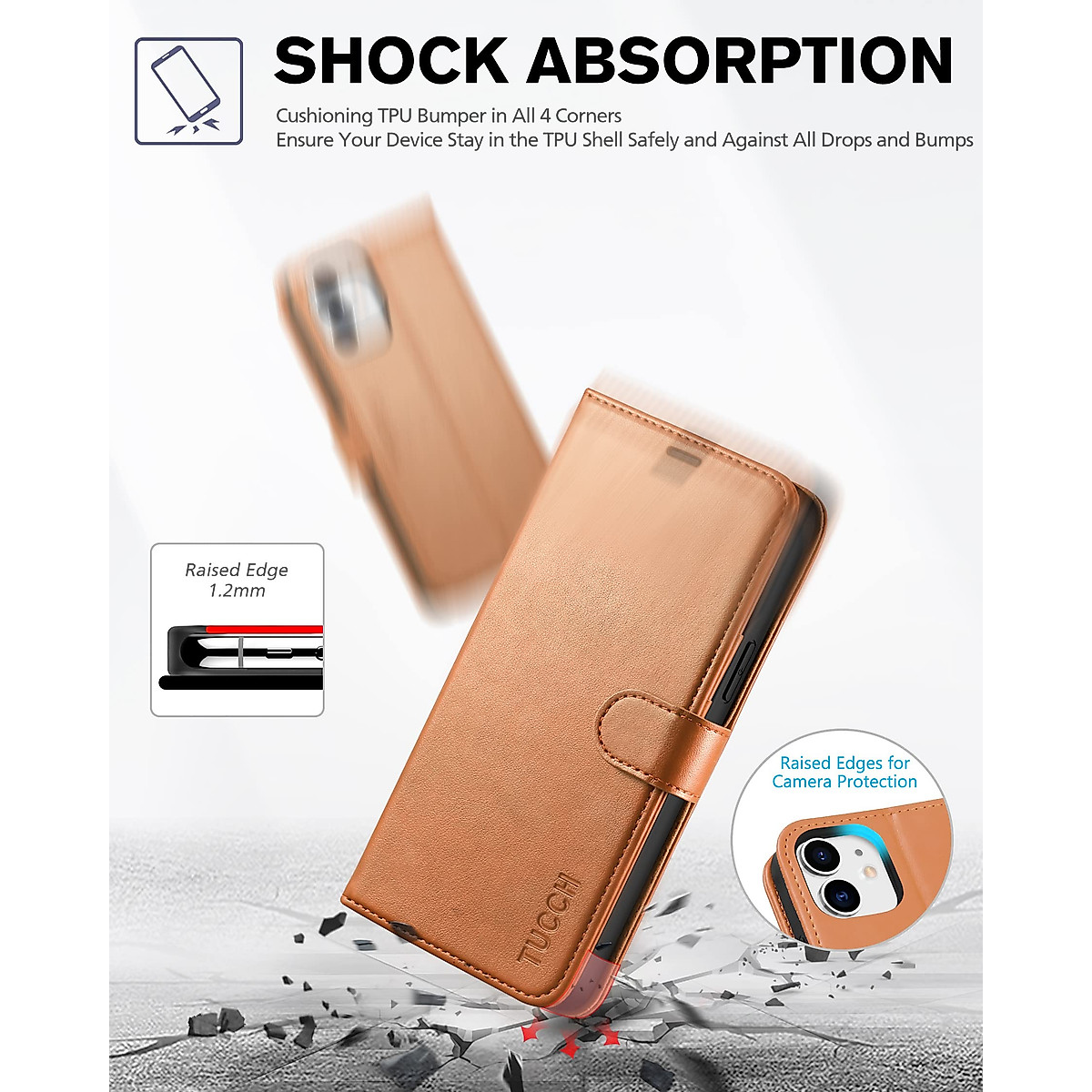 TUCCH Wallet Case for iPhone 12/iPhone 12 Pro 5G, Magnetic PU Leather Stand Flip Cover with TPU Protect Inner Shell, RFID Blocking Card Slot Compatible with iPhone 12/12 Pro 6.1-inch, Light Brown