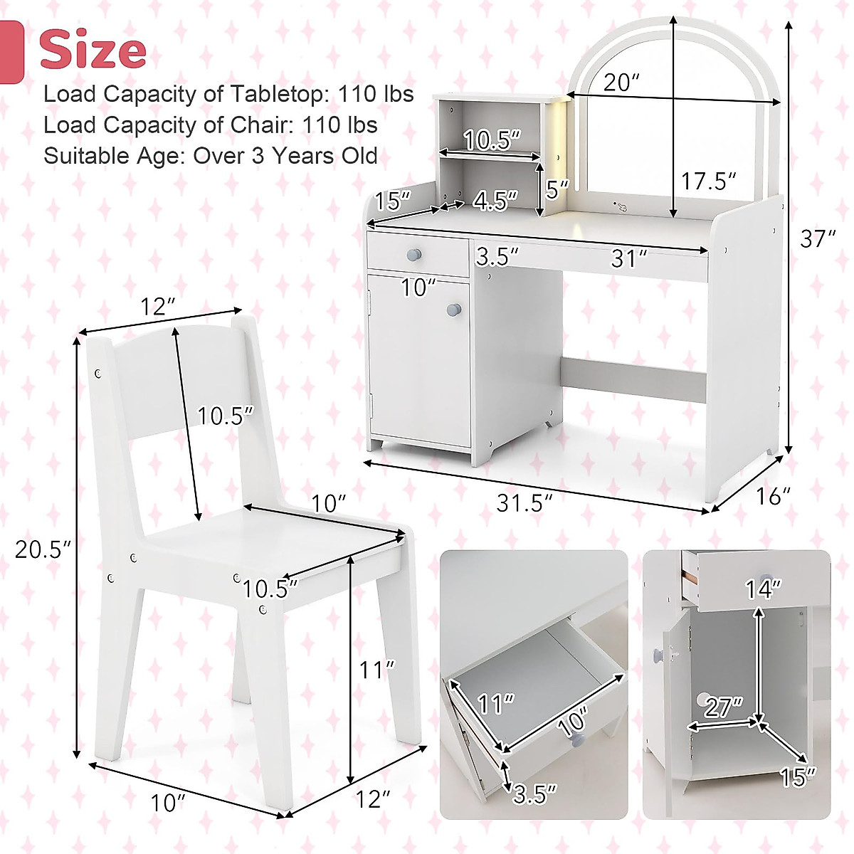 HONEY JOY Kids Vanity Set with Lighted Mirror, 2 in 1 Princess Toddler Dressing Table w/Open Storage Shelves & Drawer, Wooden Makeup Table & Chair Set, Pretend Play Vanity Set for Little Girls, White