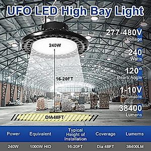 480V 240W UFO LED High Bay Light,38400LM(160lm/w) 5000K Commercial Bay Lighting(1000W MH/HPS Equiv),1-10V Dimmable LED Warehouse Workshop Light with 5' Cable,277-480V AC IP65 DLC & ETL Certified