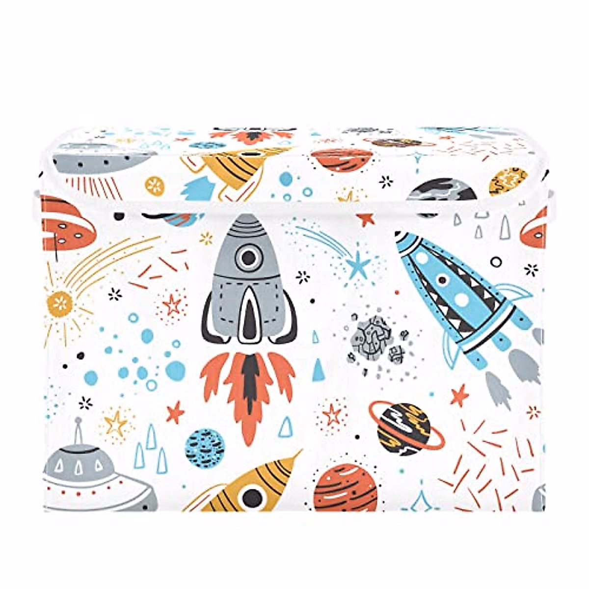 Kigai Cartoon Rocket Planet Star Storage Bin, Storage Baskets with Lids Large Organizer Collapsible Storage Bins Cube for Bedroom, Shelves, Closet, Home, Office 16.5 X 12.6 X 11.8 Inch