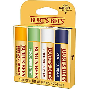 Burt's Bees Lip Balm Easter Basket Stuffers, Moisturizing Lip Care Spring Gift, for All Day Hydration, 100% Natural, Original Beeswax, Cucumber Mint, Coconut & Pear & Vanilla (4 Pack)