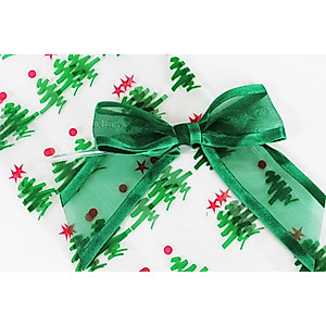 Saybrook Products Christmas Trees Holiday Cellophane Treat Party Favor Bags with Twist-Tie Organza Bow. Set of 10 Ready-to-Use, Gussetted 11x5x3 Goodie Bags with Green Bows.