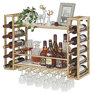 GOLASON Wall Mounted Wine Rack with Glass Holder, Metal Bottle Holder Wine Storage Display Shelf for Home Bar Dining Room Kitchen (31.5 Inch, Faux Marble)