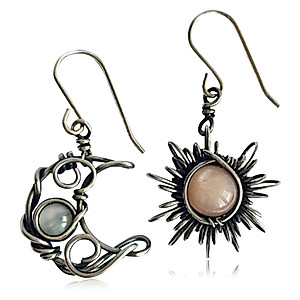 ANDPAI Unique Chic Abstract Hollow Black Vintage Silver Asymmetry Moon Star Sun Dangle Drop Earrings Black Moonstone Moon Hypoallergenic Earrings for Women Statement Jewelry Gifts (Vinatge Silver)