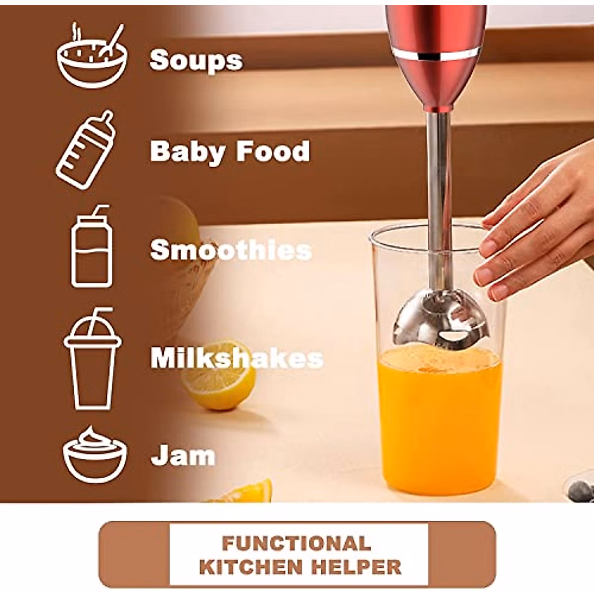 DOBBOR Immersion Blender, 1000W 4 in 1 Hand Blender with Chopper, Whisk, 600ML Mixing Beaker, Electric Stick Blender, Ergonomic handle with Anti Splash & Collision
