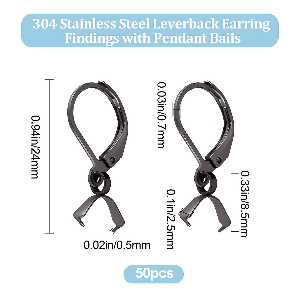 Beebeecraft 1 Box 50Pcs Pendant Clasp Earring Hooks Stainless Steel Leverback Earring Findings Black Earring Supplies for Jewelry Making