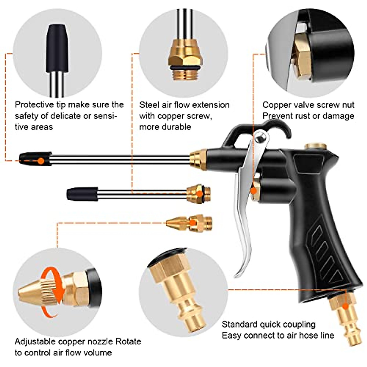 Industrial Air Blow Gun with Brass Adjustable Air Nozzle, Pneumatic Air Blower Gun with 2 pcs Steel Air Flow Extensions and Universal Blow Hose, Air Compressor Accessory Tool Dedusting Air Gun