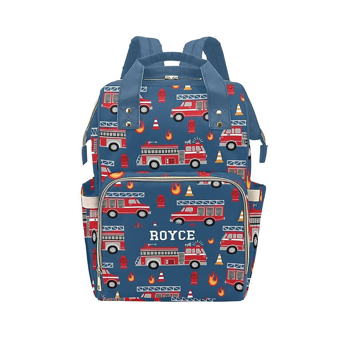Liveweike Fire Trucks Car Dark Blue Personalized Diaper Bag Backpack Custom Name Daypack Large Mommy Bags for Teen Girl Boy Student