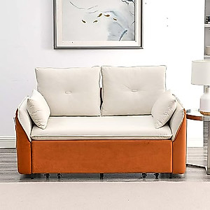 JEEOHEY Pull Out Sleeper Sofa Bed,Convertible Loveseats Sofa Chair,Revesible Velvet Fabric Couch Bed with Cushions&Throw Pillows for Living Room/Apartment/Office/Small Place (Orange)