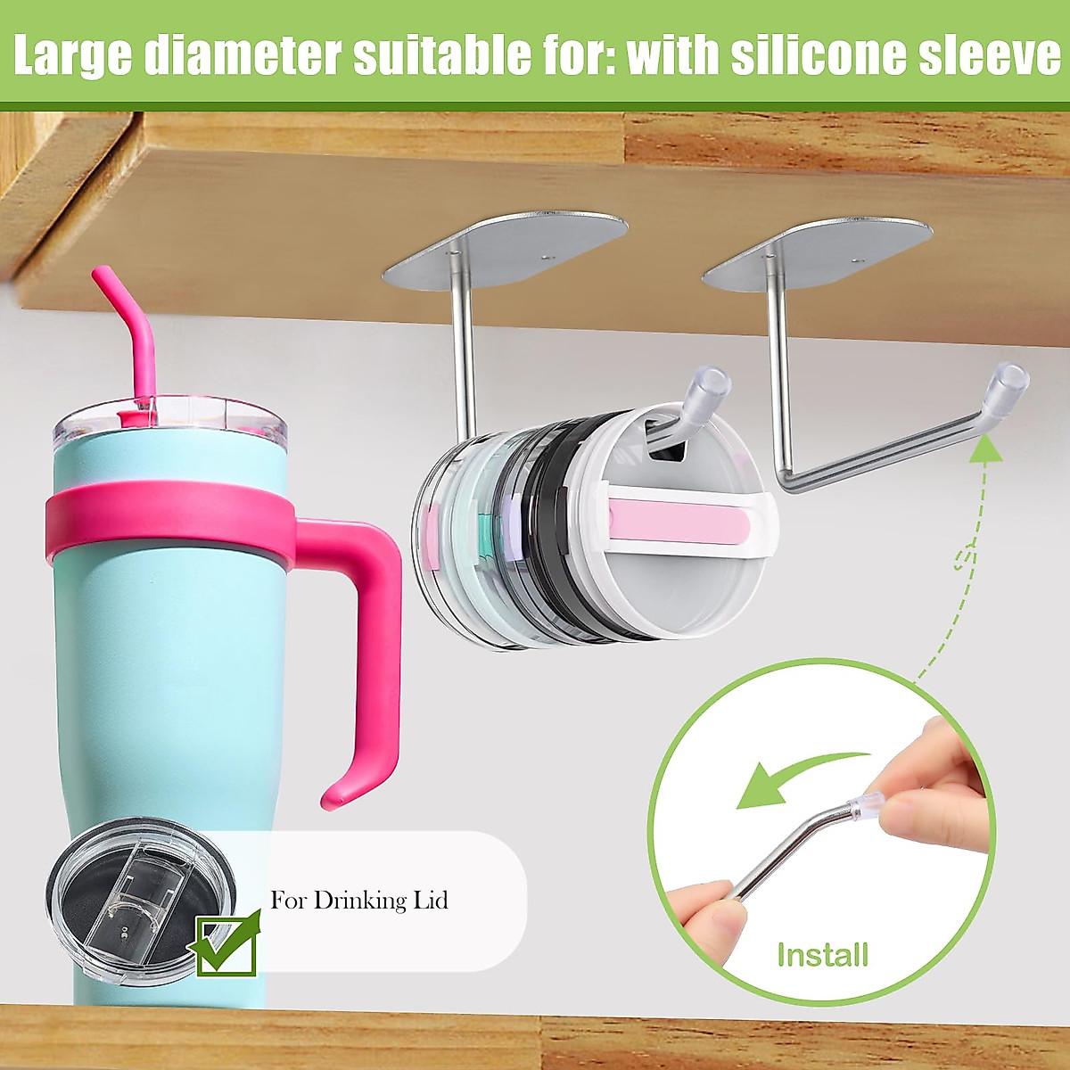 YIYATOO 3 Pack Tumbler Lid Organizer,Cup Lid Organizer for Stanley Tumbler Lids and Yeti Tumbler Lids, Self-Adhesive or Drilling Cup Lid Hook for Kitchen Inside Cabinet Organizers and Storage