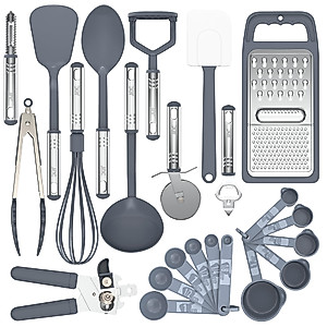 LUX Décor 23 PCS Kitchen Utensils Set - Non-Stick and Heat Resistant Nylon Cooking Spatula Set with Stainless Steel Handles - Kitchen Essentials Tools and Gadgets - Grey