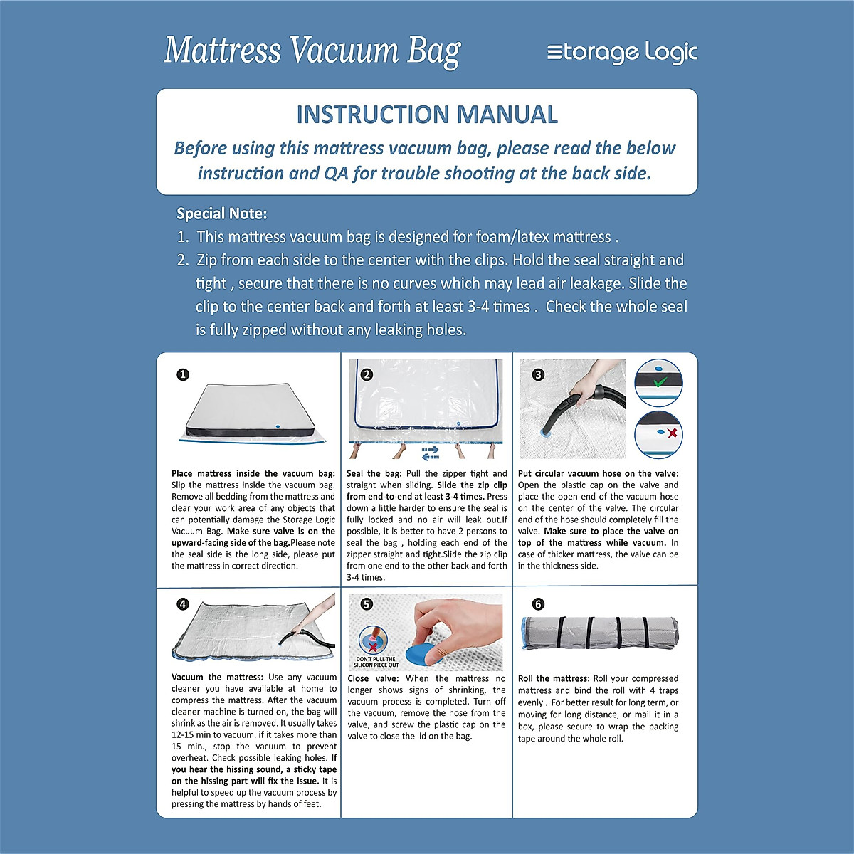 Queen/Full/Full-XL Foam Mattress Vacuum Bag with Blue Zipper, Mattress Storage Bag