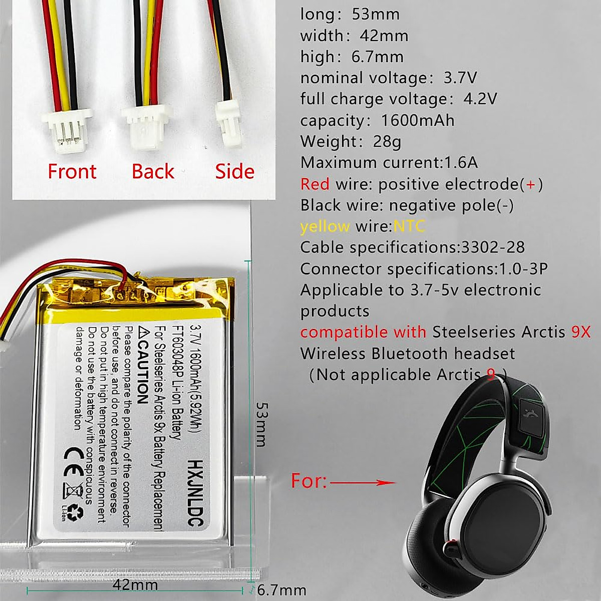 HXJNLDC DC 3.7V 1600mAh FT603048P Rechargeable Polymer Lithium Battery for Steelseries Arctis 9X Wireless Gaming Headset Battery Replacement