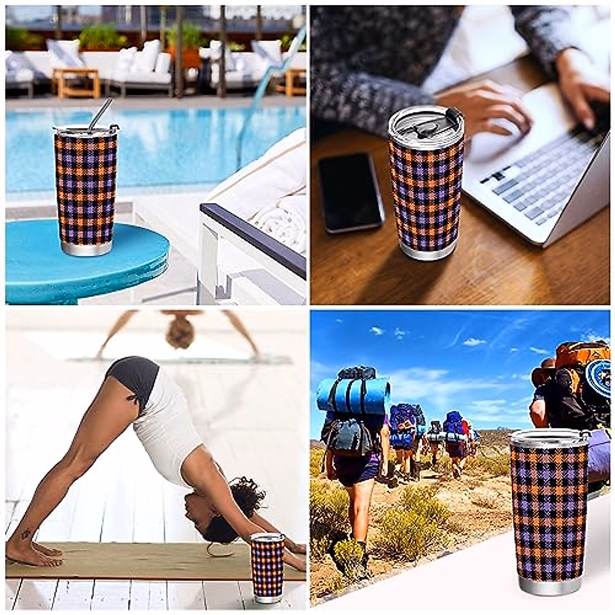Jihqo Purple Orange Buffalo Plaid Tumbler with Lid and Straw, Insulated Stainless Steel Tumbler Cup, Double Walled Travel Coffee Mug Thermal Vacuum Cups for Hot & Cold Drinks 20oz