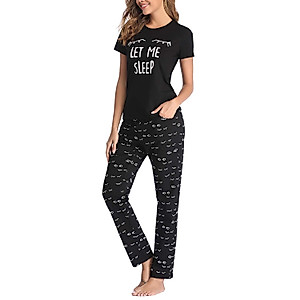 EISHOPEER Women's Pajama Set Printed Short Sleeve Top & Long Pants Sleepwear Pjs Sets Black S