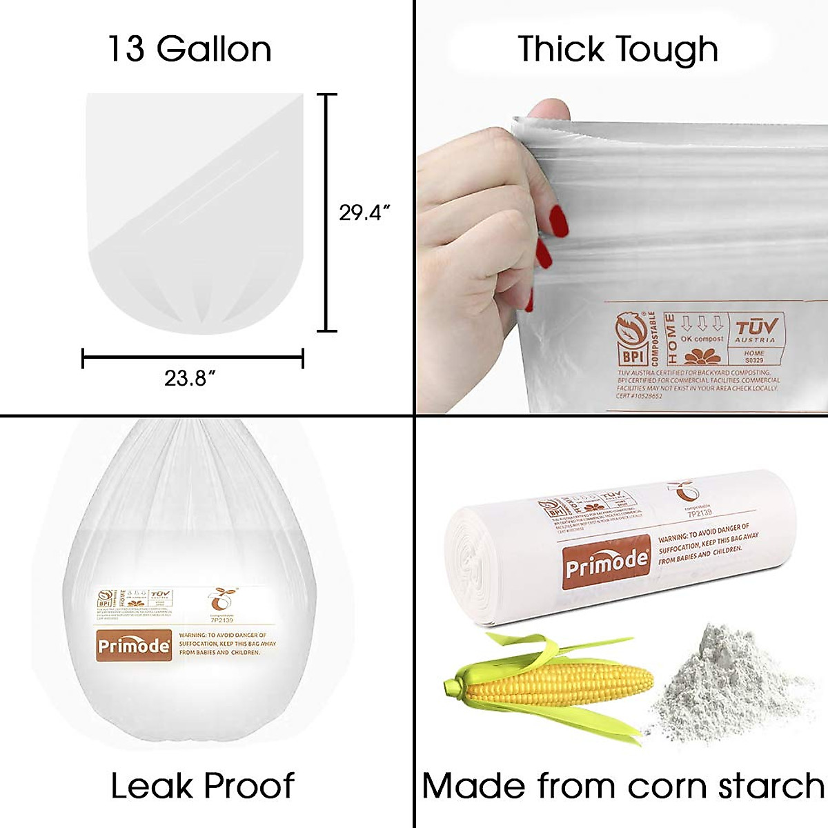 Primode Compostable Bags, 13 Gallon Food Scraps Yard Waste Bags, 50 Count, Extra Thick 0.87 Mil. ASTMD6400 Compost Bags Small Kitchen Trash Bags, Certified By BPI And TÜV AUSTRIA