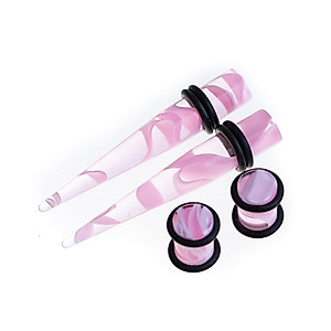 Memsion Ear Stretching Kit 50 Pieces Earrings 14Gauges-00Gauges Earrings Acrylic Tapers Plugs Silicone Tunnels Ear Gauges Expander Set Body Piercing kit Piercing Jewelry Marble Pink Color