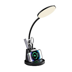 GOLSPARK Desk Lamp with Wireless Charger for Home Office, Eye-Caring Reading Lamp 3 Color Modes Stepless Dimming LED Desk Lamp, Touch Table Lamp with Pen Holder, CRI 90 AC Adapter Included