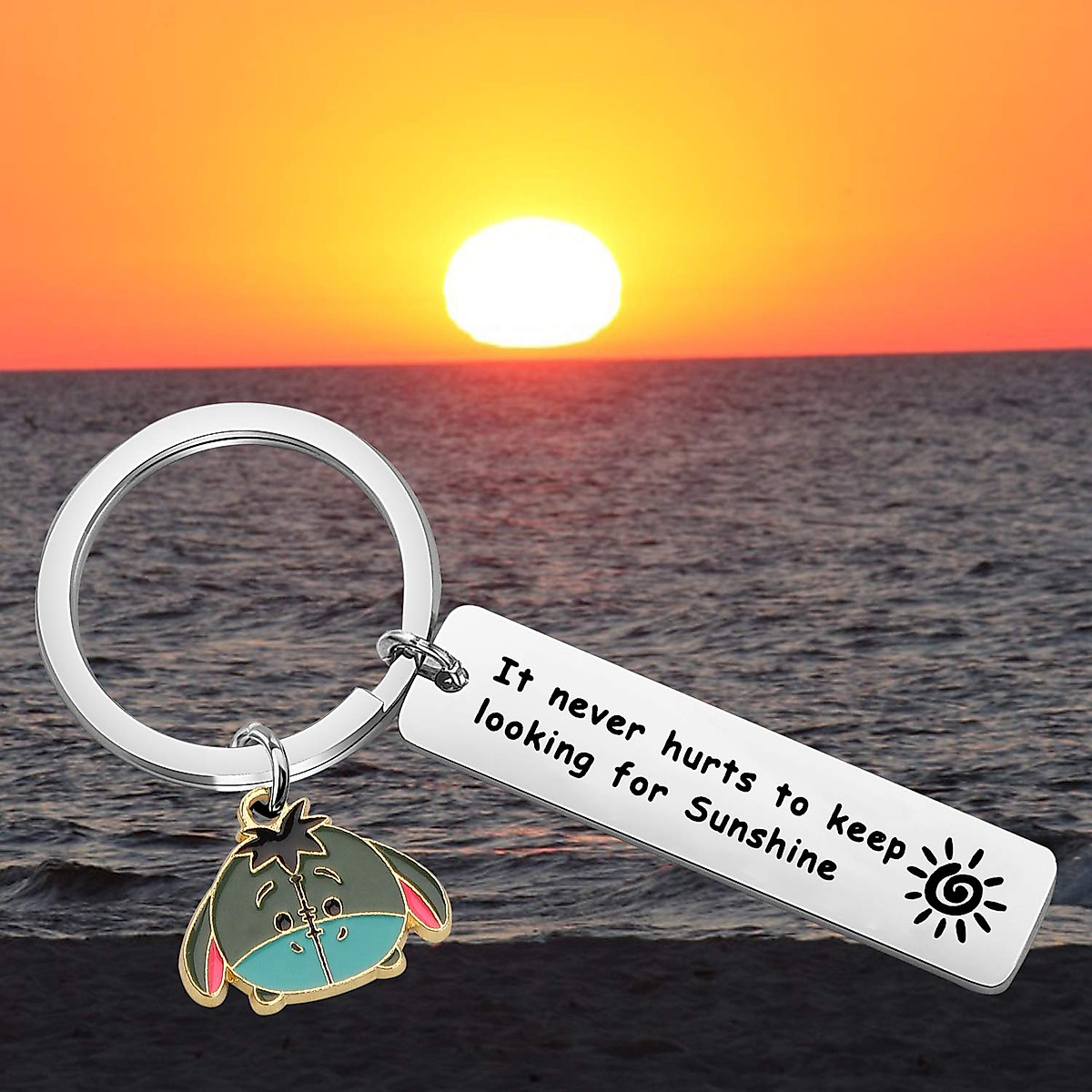 It Never Hurts to Keep Looking for Sunshine Bar Kecyahin with Donkey Charm A.A Milne Quote Jewelry Inspiration Gift (Bar Keychain) Sliver