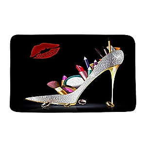 FGYGYK High Heels Bath Mat Red Lips Silver Diamond Woman Shoes Fashion Makeup Romantic Girl Black Bathroom Microfiber Memory Foam Bathroom Rug Doormat Kitchen Toilet Floor Rug