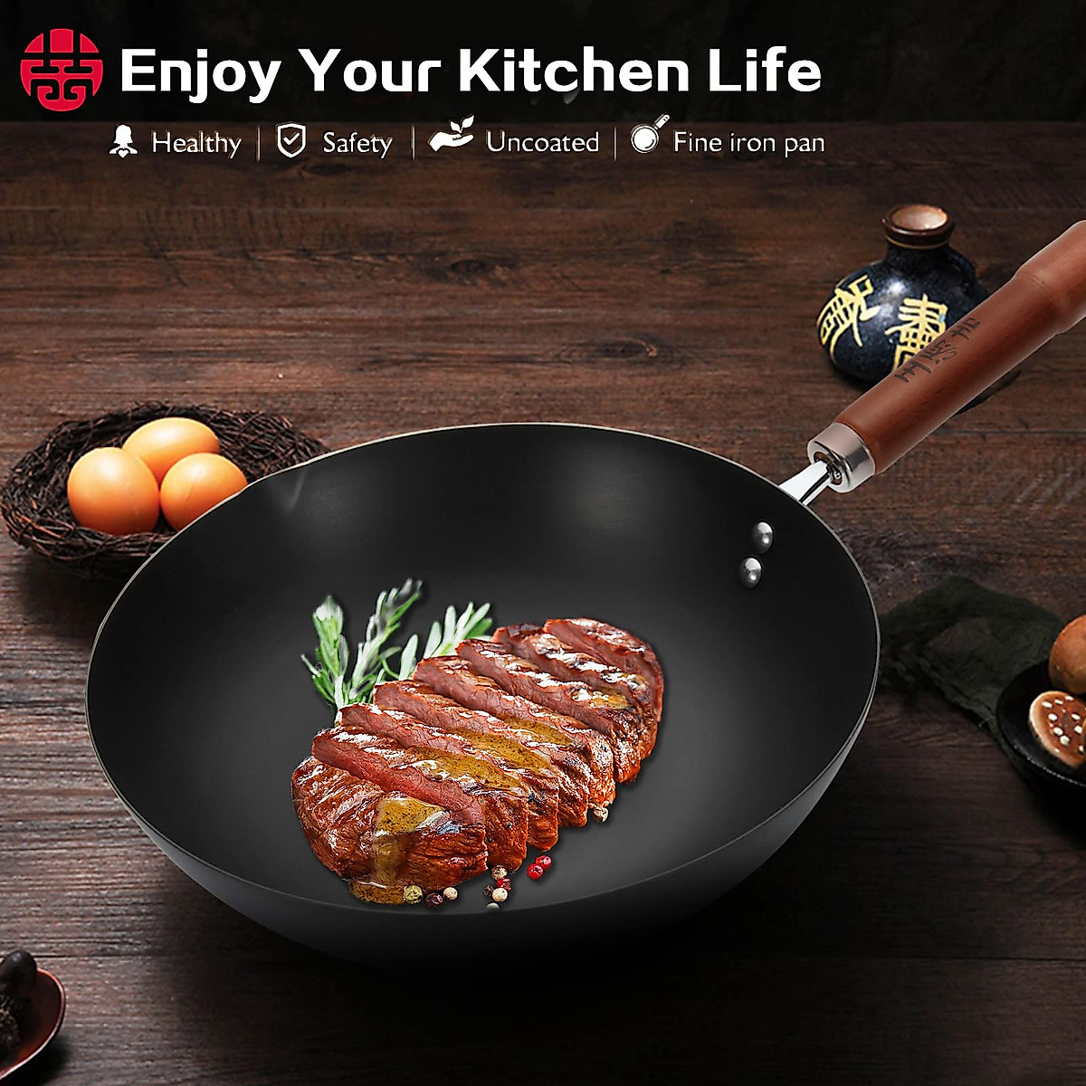 WANGYUANJI Carbon Steel Wok Pan, 12" Woks and Stir Fry Pans with Lid,No Chemical Coated Iron Wok for Induction, Electric, Gas, Halogen All Stoves-Practical Gift Iron Wok