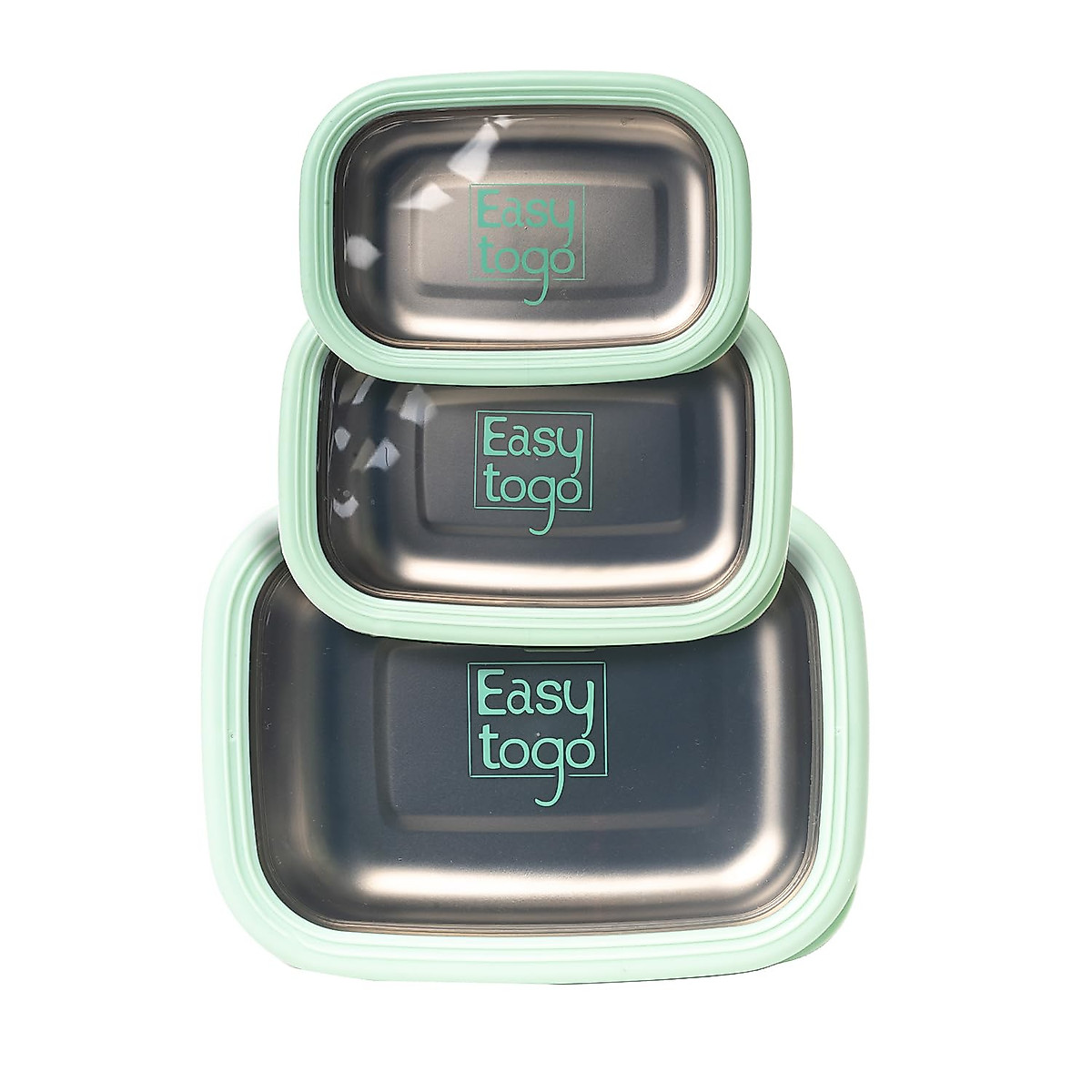 Easy Togo 3 Pack Stainless Steel Food Containers with Silicon Lid & Non-Slip Exterior, LeakProof, Airtight Rectangular Portion Control Storage Lunch Box, Togo Lunch Containers for Adults - Green