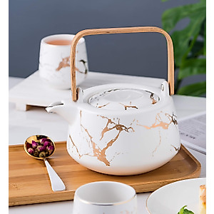 Jusalpha Marble Porcelain Teapot Set, Modern Japanese Tea Pot with Infuser for Loose Tea (40 OZ), 4-Piece Tea Cups (6.7 OZ) with Bamboo Tray - Tea Cups Set for Home and Restaurant, FDJPT4 (White)