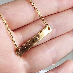 MRENITE 10k 14k 18k Solid Yellow Gold Personalized Horizontal Bar Necklace – Engravable Blessings Letters Nameplate Bar Pendant - Custom Any Name Gift for Women (Slim Bar)