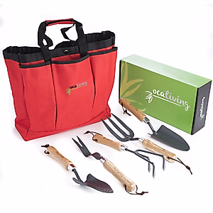 OCALIVING Garden Tool Set- Gardening Tools -Planting Trowel, Fork, Weeder, Transplanter, Rake & 6 pocket Storage Bag -Heavy Duty Gardening Kit- Gardening Gift Women Men -Wood Handle Tools