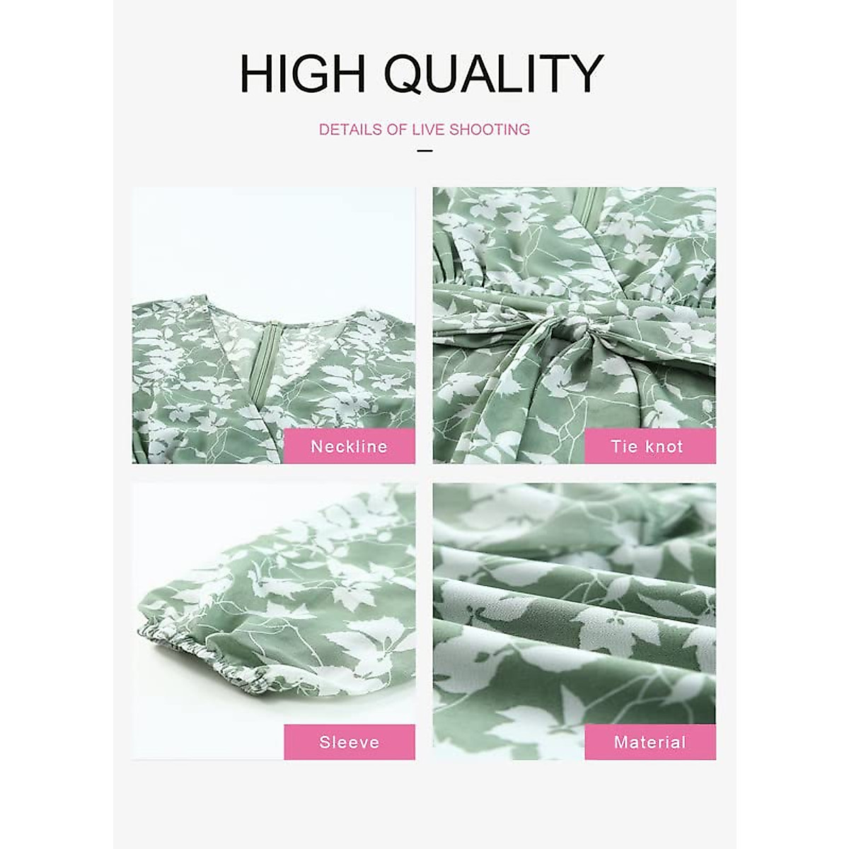 Dokotoo Womens Ladies Casual Summer Birthday Spring Ruffle Elegant Floral Long Sleeve Tie Knot V Neck Cute Chiffon Boho Beach Tunic Swing A Line Mini Short Skater Dresses for Women 2023 Green Large