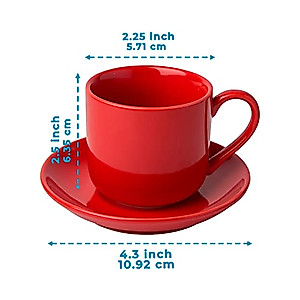 4oz. Espresso Cups Set of 4 With Matching Saucers - Premium Porcelain, 8 Piece Gift Box Demitasse Set - Red, Blue & Grey – Italian Caffè Mugs, Turkish Coffee Cup – Lungo Shots, Dopio Double Shot