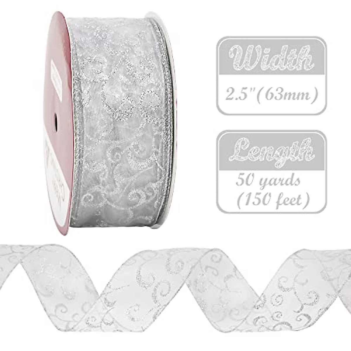 AIMUDI Silver Sheer Organza Christmas Ribbon, 2.5 Inch x 50 Yards, Swirl Pattern, Wired Edge, Perfect for Wreaths, Trees, Gifts, Weddings