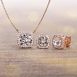 Devin Rose Stud Halo Cushion Shaped Earrings for Women and 18 Inch Necklace for Women Jewelry Set made with Faceted Crystals in Rose Gold Plated Brass Pink