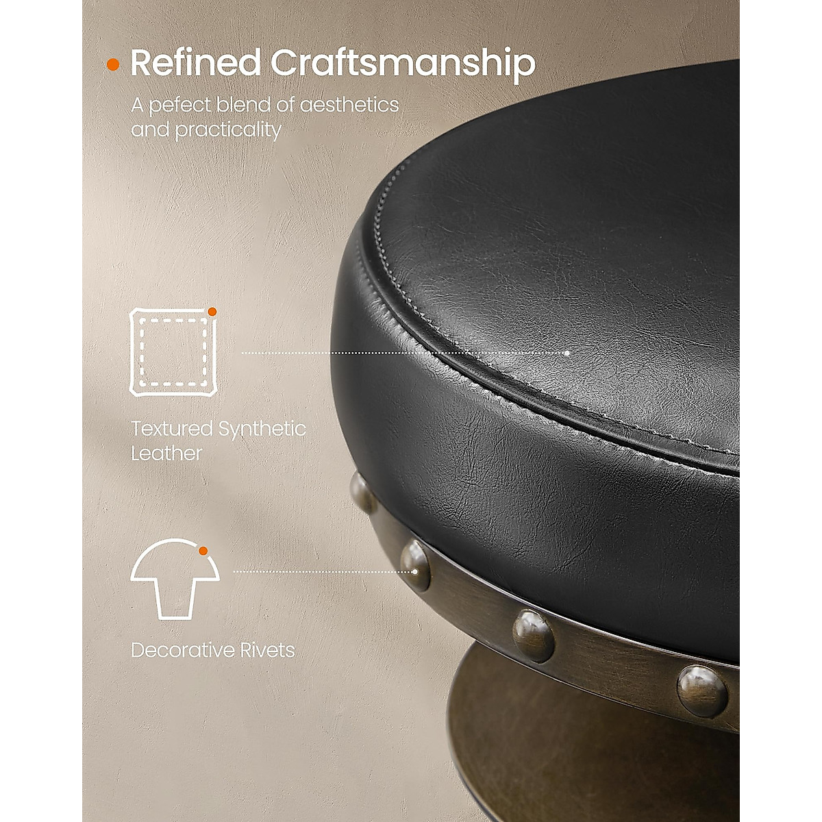 SONGMICS HOME Bar Stools, Set of 2, Steampunk Counter Stool for Kitchen, Adjustable Height and Swivel Padded Seat, Workbench Stool, 16.5 x 19.3 x 24.6-29.3 Inches, Ink Black ULJB096B01