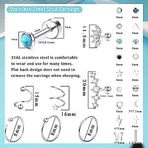 SAILIMUE 23Pairs Flat Back Earrings Hypoallergenic Surgical Steel Earrings for Women Men Hoop Stud Earrings Set Small Cartilage Earrings Tragus Daith Helix Earrings