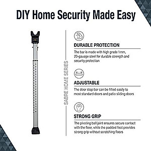 SABRE Adjustable Door Security Bar with Vibration Detecting Alarm, 115dB Alarm Audible Up To 1,100 Ft (335 m), Adjusts To Fit Most Hinged & Sliding Doors, Rubberized Foot for Strong Grip, Collapsible