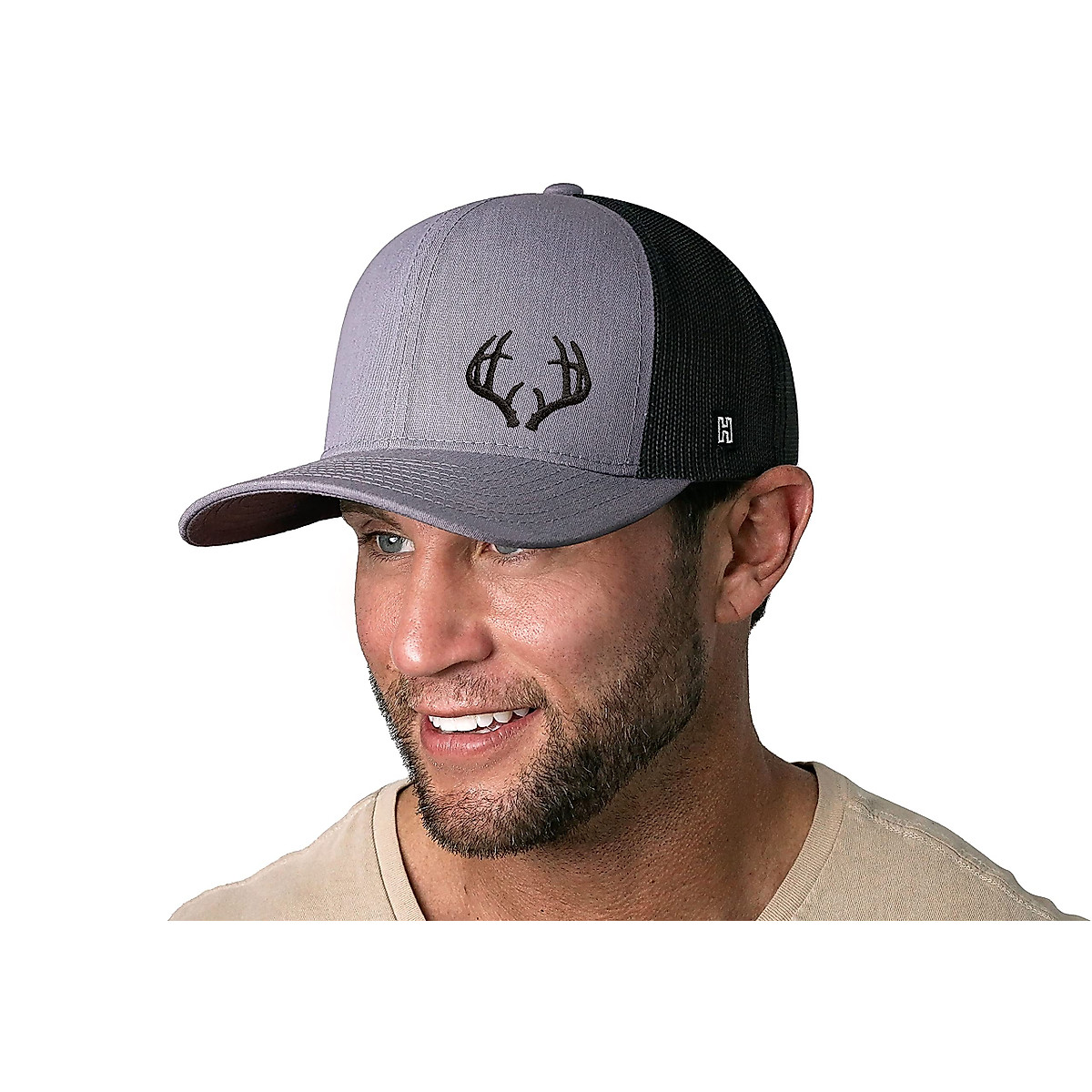 HAKA Buck Antler Embroidered Trucker Hat, Outdoor Hat for Men & Women, Adjustable Baseball Cap, Mesh Snapback, Golf Hat (Grey/Black)
