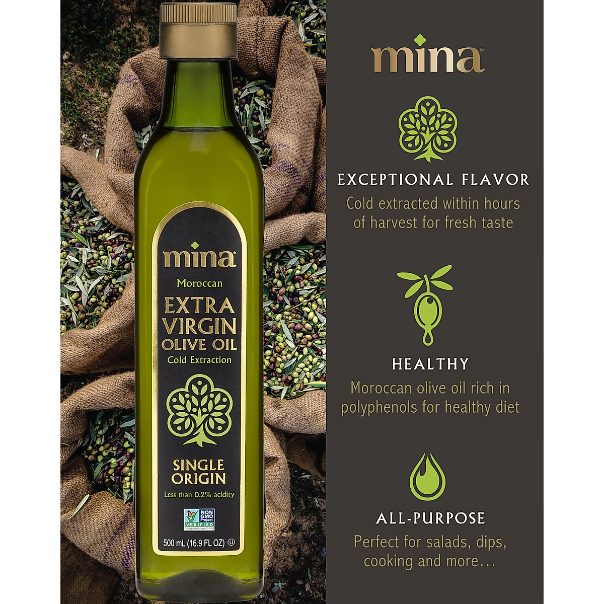Mina Olive Oil Extra Virgin 16.9 Fl Oz, New Harvest, Polyphenol Rich Olive Oil for Cooking, Moroccan Extra Virgin Olive Oil, Single Origin Olive Oil, Cold Extraction, Less than 0.2% Acidity, 500 ml