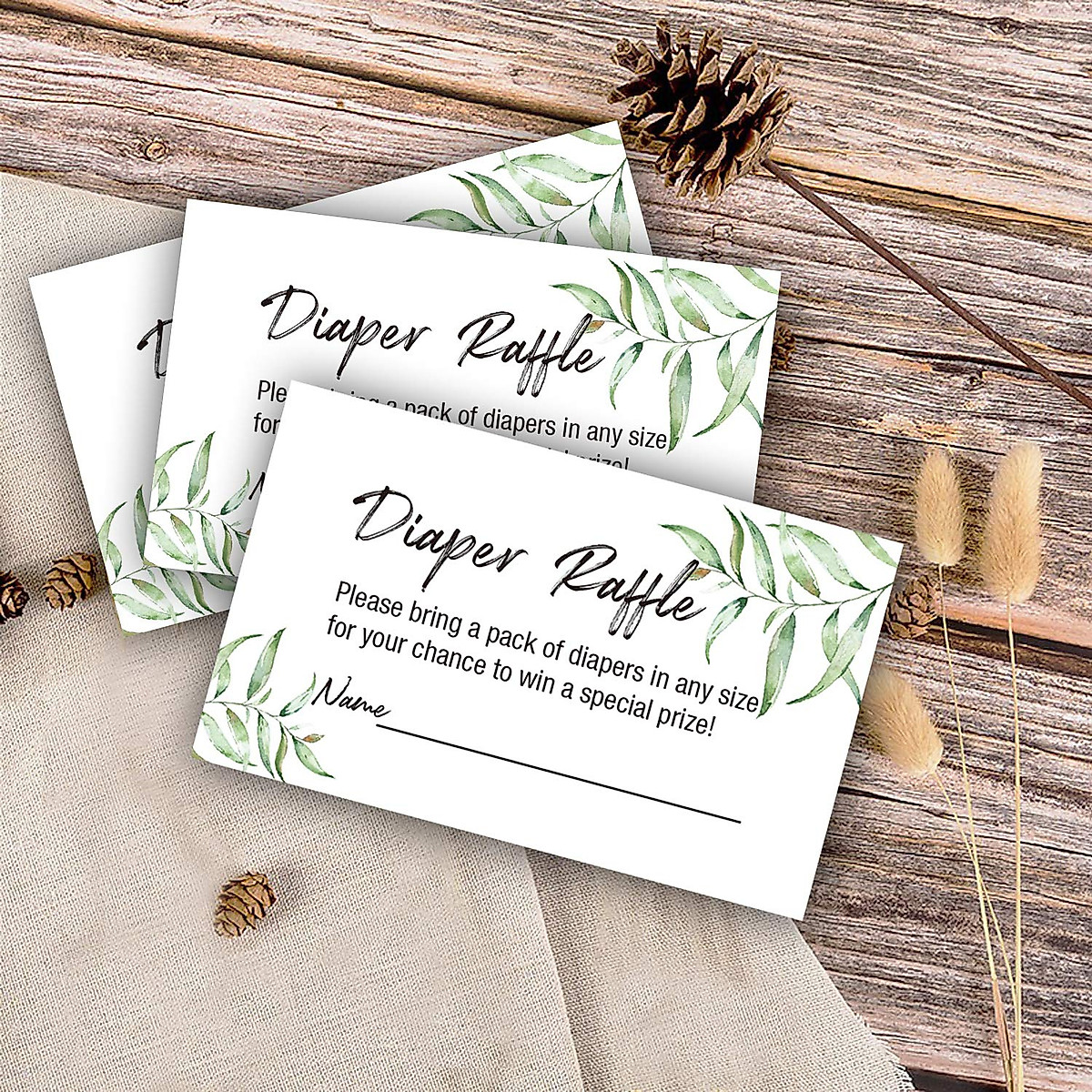 50 Greenery Diaper Raffle Tickets for Girl or Boy Baby Shower Invitations, Baby Shower Games, 3.5" x 2" with Name Line