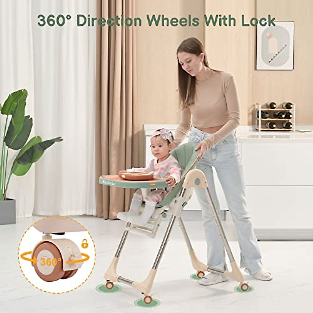 Ezebaby Baby High Chair, Portable High Chair with Adjustable Heigh and Recline, Foldable High Chair for Babies and Toddler with 4 Wheels, High Chair for Toddlers with Removable Tray-(Green)