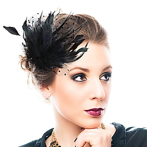 Yolev Feather Fascinator Hat for Women - 1920s Vintage Flapper Headpiece Accessories - Black, Mesh, Feathers, Polka Dot, Faux Peacock, Tea Party, Cocktail, Wedding, Party