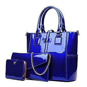 Yan Show Women's New Zipper Bag 3PCS Handbags Patent Leather Fashion Shoulder Bag Large Capacity Handbag, Blue