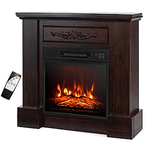 SIMOE 32" Electric Fireplace with Mantel,Package Freestanding Fireplace Heater with Remote Control & Overheat Protection & Adjustable Flame,Indoor Fireplace Mantel for Living Room,Bedroom,Brown