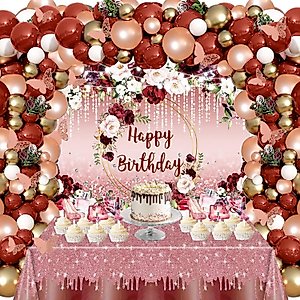 Yancan Floral Happy Birthday Decorations Women Birthday Party Supplies Including Flower Birthday Backdrop, Burgundy Rose Gold Balloons Garland Arch Kit, Tablecloth, Cupcake Toppers for Girls