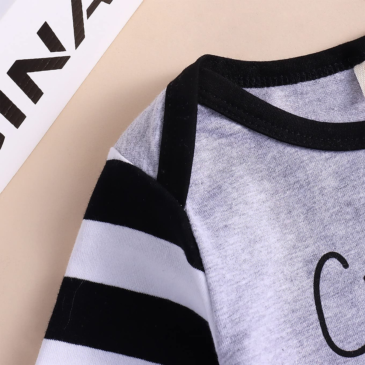 CM C&M WODRO Baby Boy Valentines day Outfit Romper Long Sleeve Stripe One Piece Bodysuit Jumpsuit with Hat Infant Clothes Set (Grey, 6-9 Months)