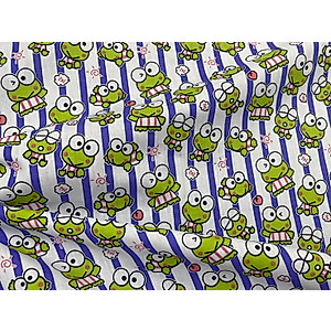 AMORNPHAN 44 Inch Green Keroro Happy Frog Cartoon Purple Stripes Printed On White Cotton Fabric Themed Pattern with Frogs for Craft Decorative Kid Patchwork Handmade Sewing Crafting for 1 Yard